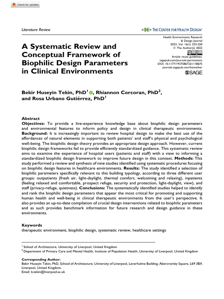 Tekin Et Al 2022 A Systematic Review and Conceptual Framework of Biophilic Design Parameters in ...
