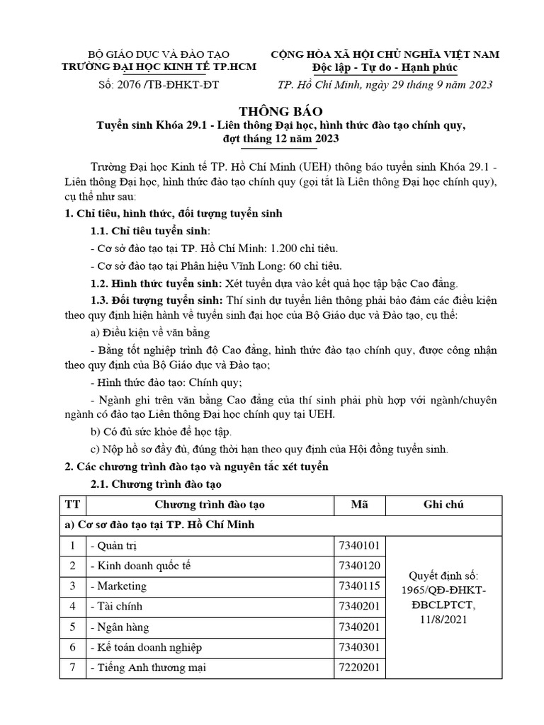 2076-TB-DHKT-DT-Tuyen Sinh Khoa 29.1 - LT DHCQ Dot Thang 12 Nam 2023 | PDF