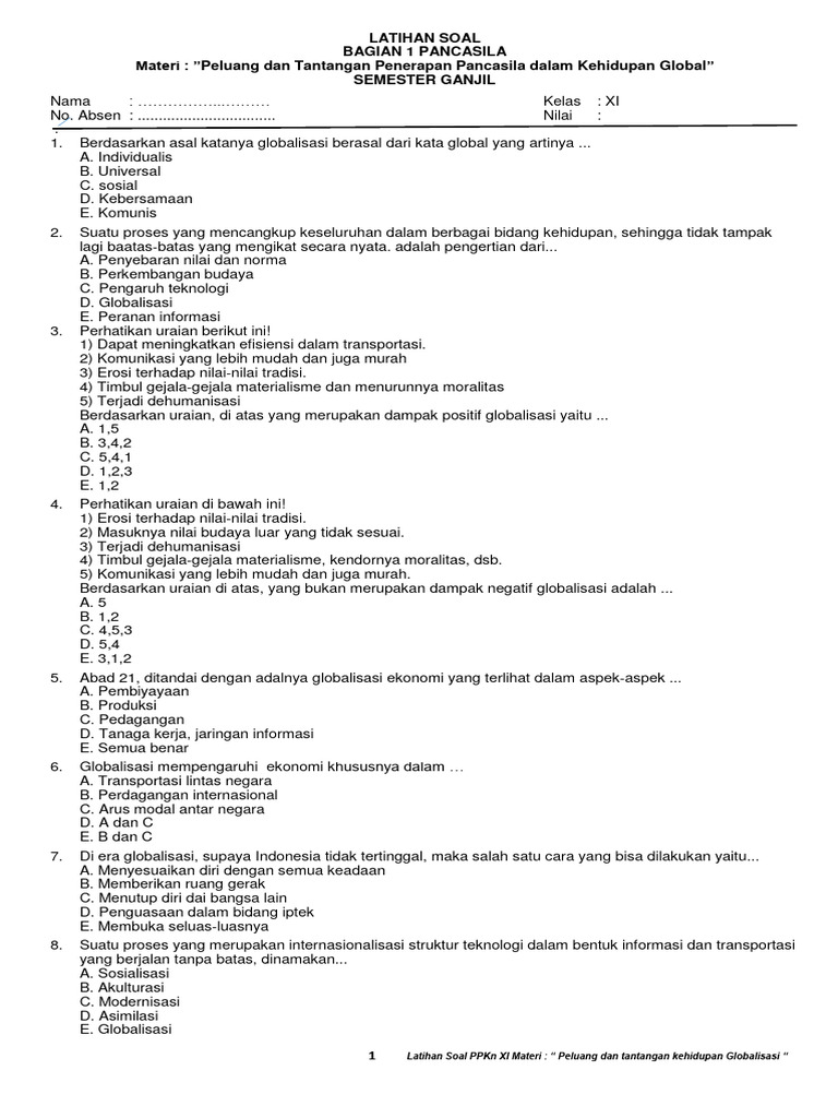 Latihan Soal PPKN Xi Bab 1 Unit 3 - Peluang Dan Tantangan Penerapan Pancasila Dlm. Kehidupan ...