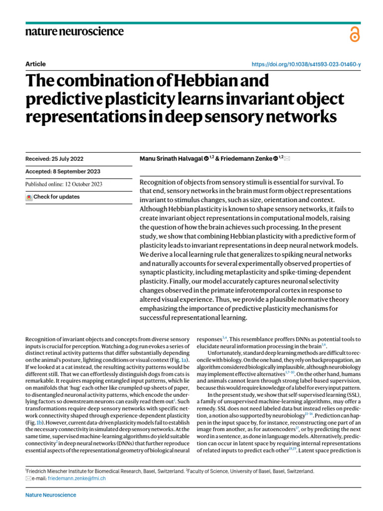 The Combination of Hebbian and Predictive Plasticity Learns Invariant Object Representations in ...
