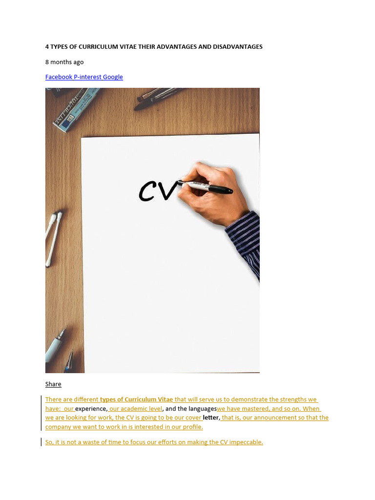 4 Types of Curriculum Vitae Their Advantages and Disadvantages | PDF ...