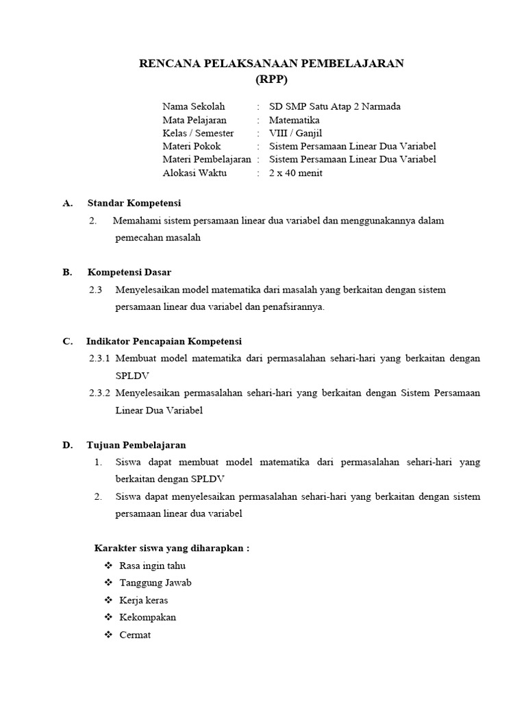 RPP Penerapan Sistem Persamaan Linear PJBL | PDF | Seni & Disiplin ...