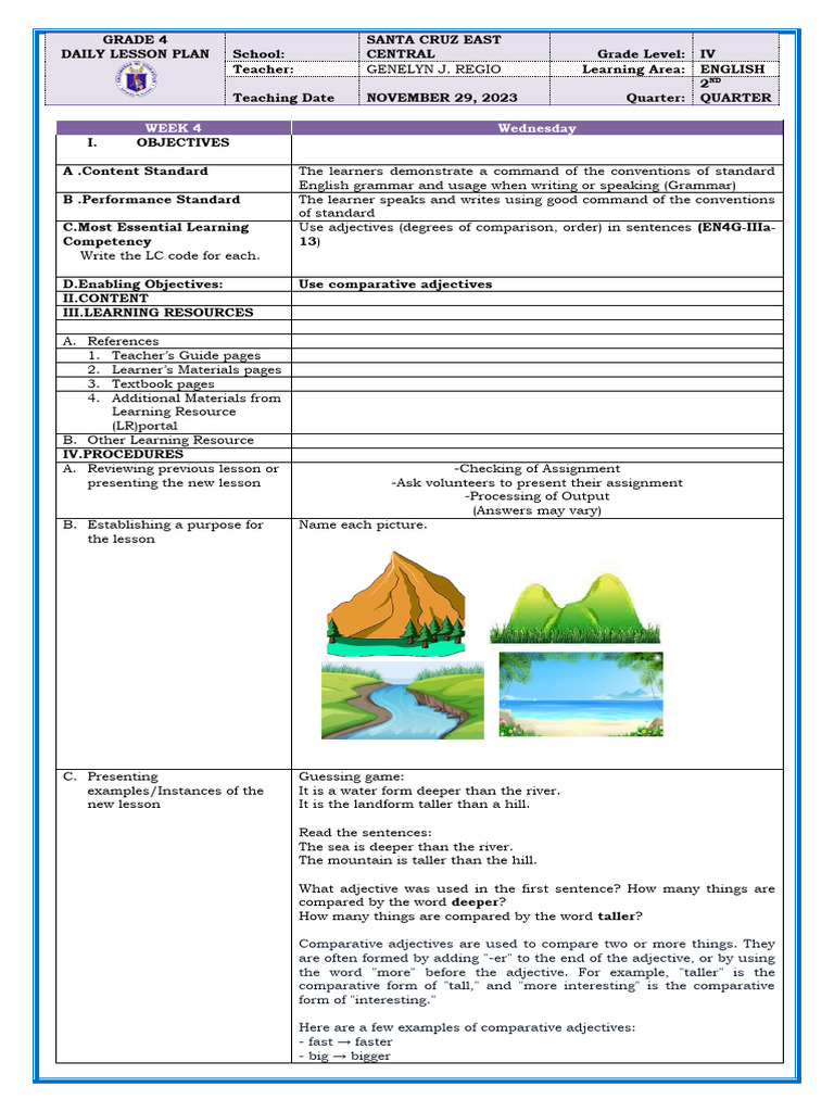 DLP in English 4-Q2-Week 4-Day 2 | Download Free PDF | Adjective | Learning