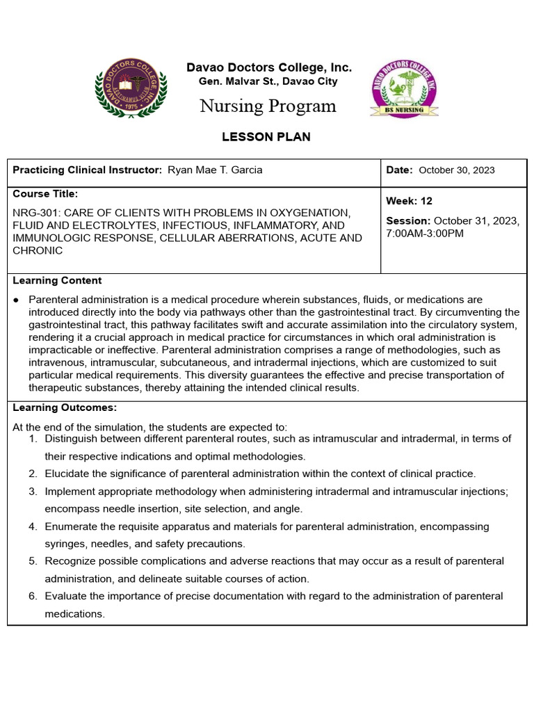 Garcia PCI Week 12 Lesson Plan | PDF | Injection (Medicine) | Clinical Medicine