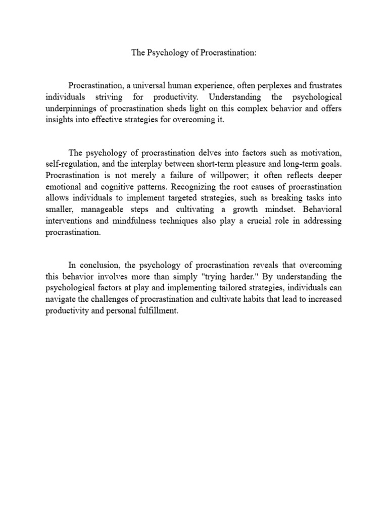 The Psychology Of Procrastination Pdf