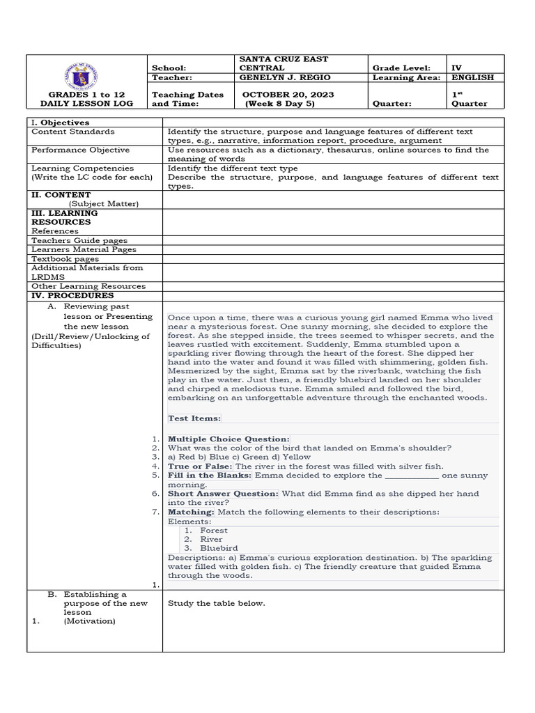 DLP in English-Q1 Week 8 Day 5 | PDF | Narrative | Learning