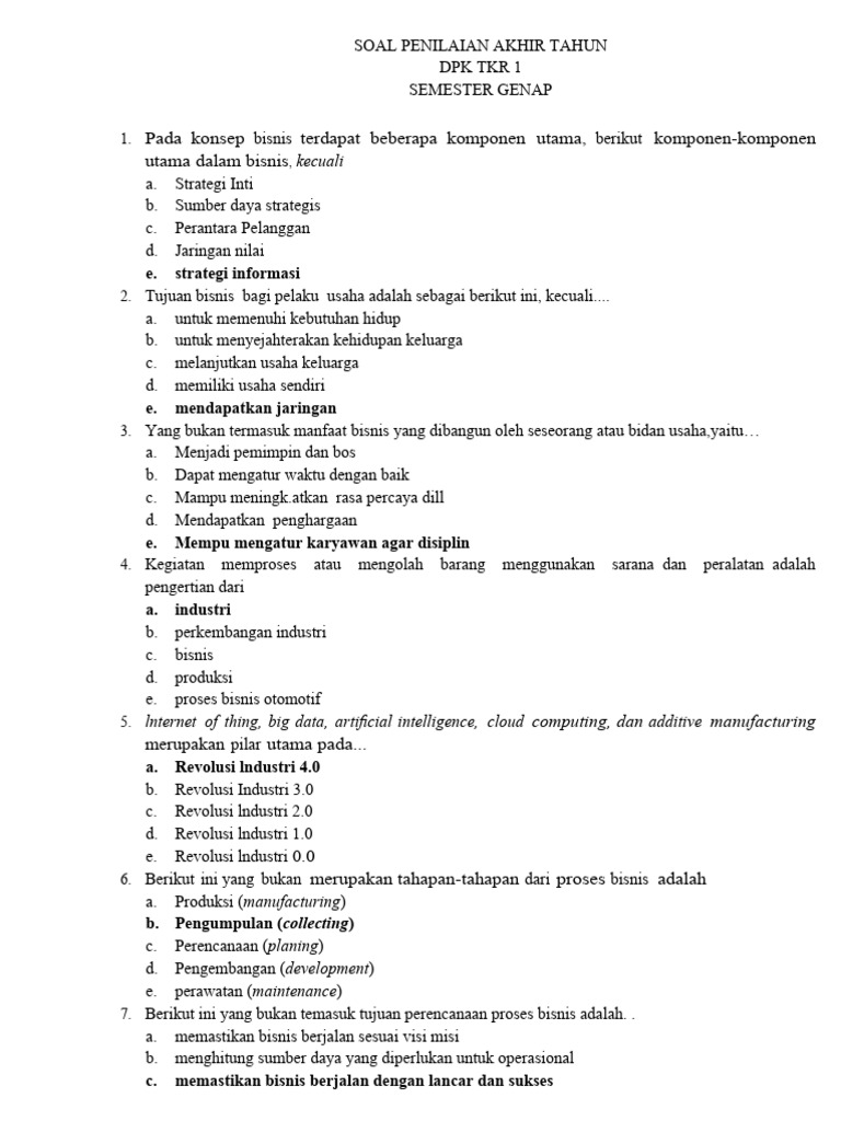 Soal Pat DPK TKR 1 | PDF | Bisnis