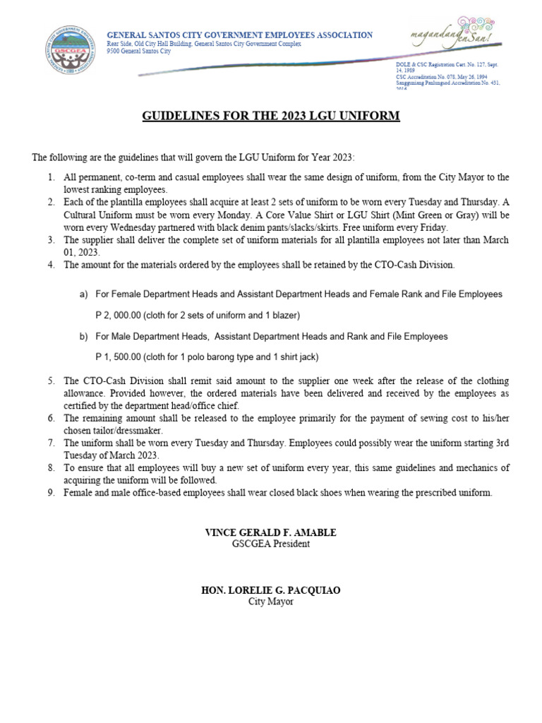 Harold GUIDELINES FOR THE 2023 LGU UNIFORM | PDF | Trousers | Uniforms