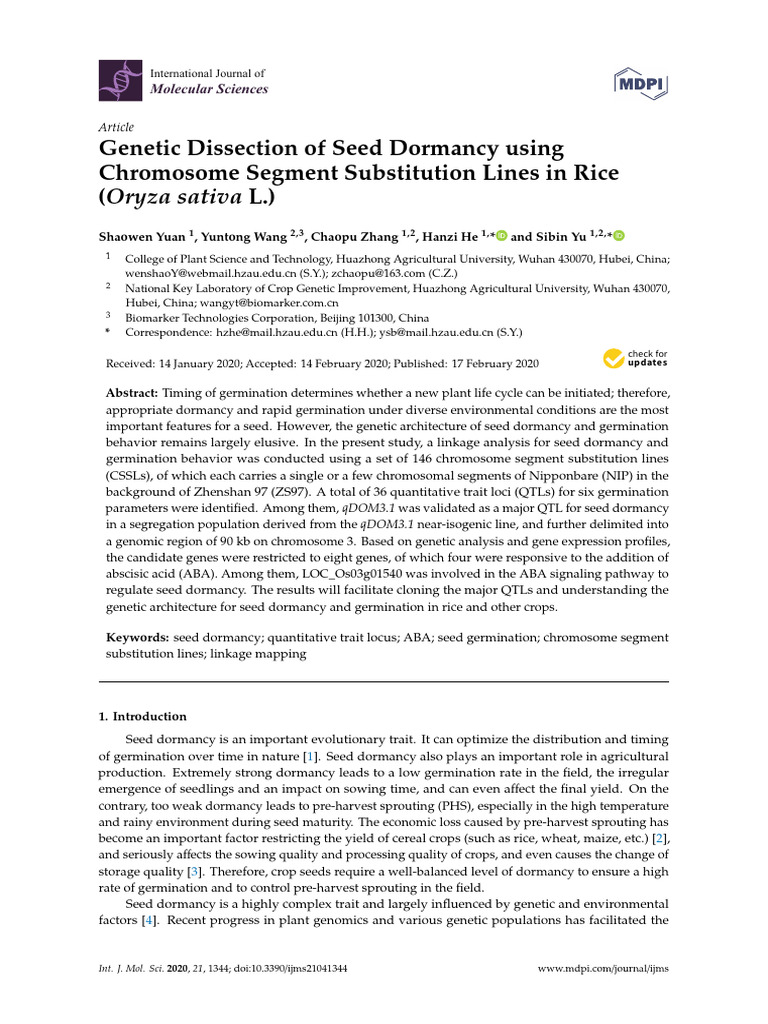Ijms 21 01344 v2 | PDF | Quantitative Trait Locus | Seed