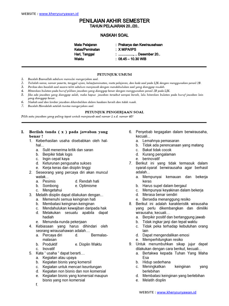 Soal PAS Prakarya Dan Kewirausahaan Kelas X | PDF | Karier & Perkembangan