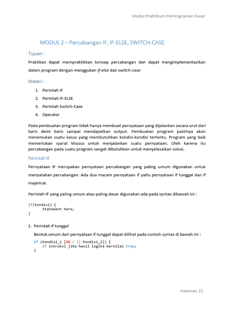 Praktikum Algoritma Pemrograman - MODUL II IF, IF ELSE, SWITHCASE-1 | PDF