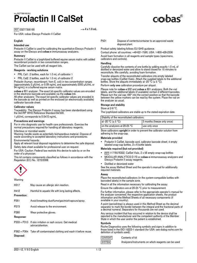 Prolactin II CalSet Calibration Kit | PDF | Assay | Immunoassay