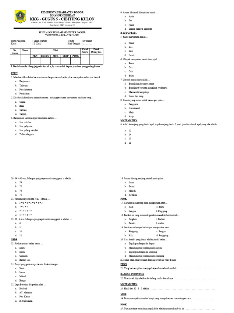 Soal PTS Kelas 2 - SMT 1 - Tema 2 - Fix | PDF