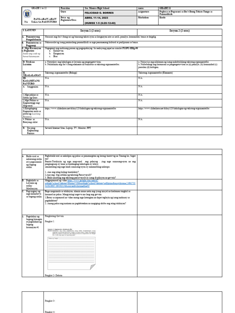 Session 1 DLL Template Borres | PDF