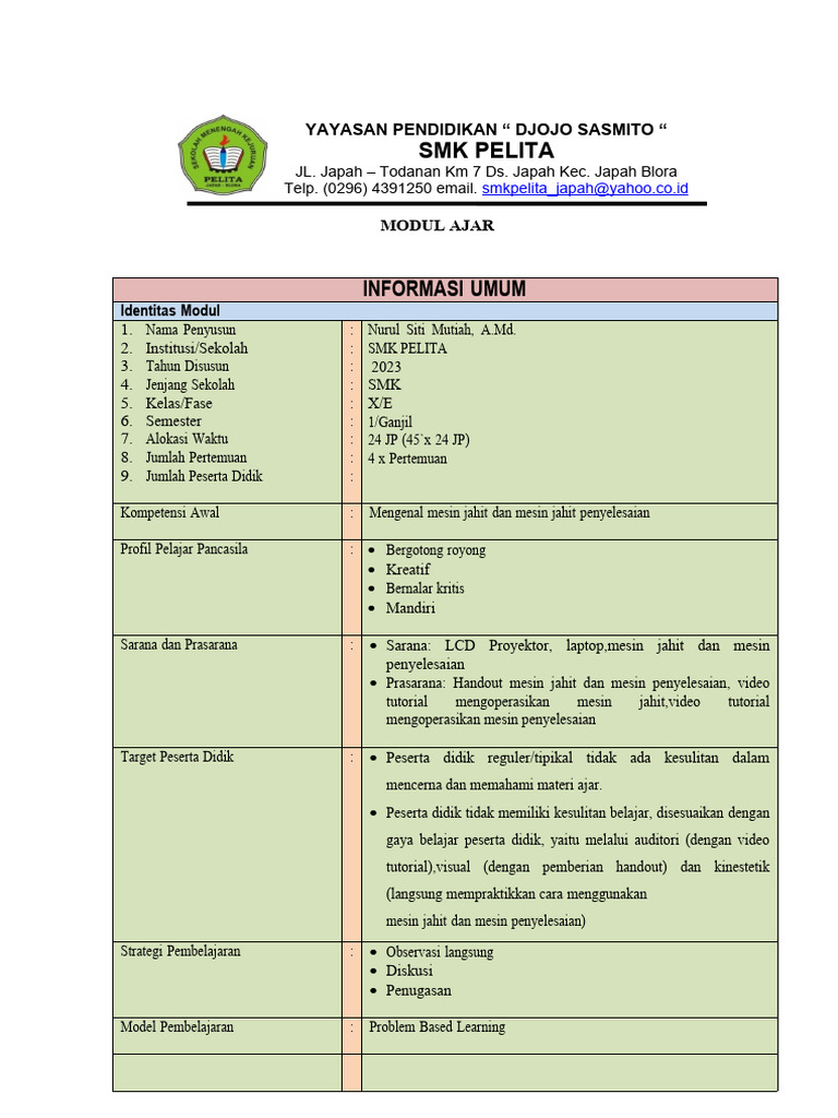 MODUL AJAR FASE E Dasar-Dasar Busana (Teknik Dasar Menjahit) | PDF