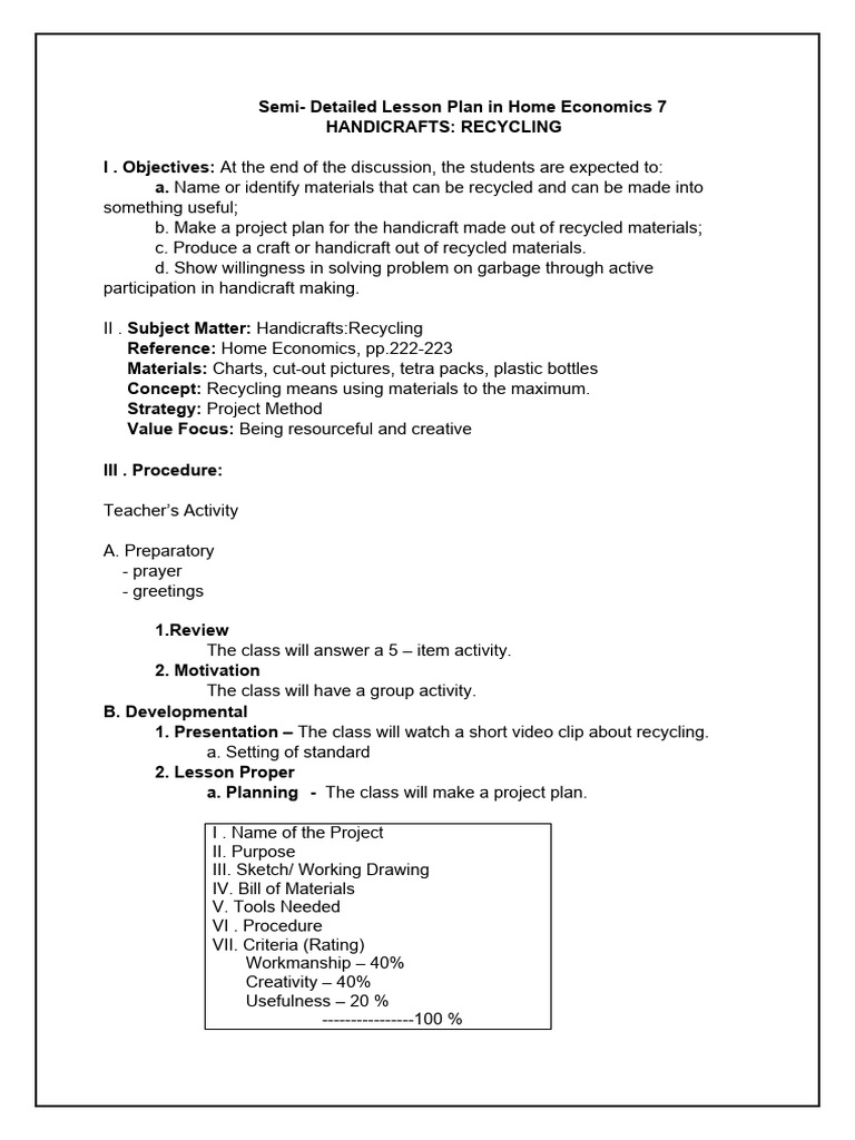 DLP Handicrafts | PDF | Recycling | Lesson Plan