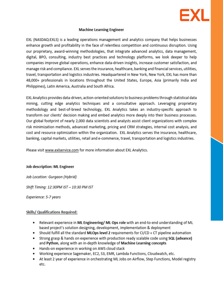 EXL Machine Learning Engineer Role | PDF | Analytics | Data Science