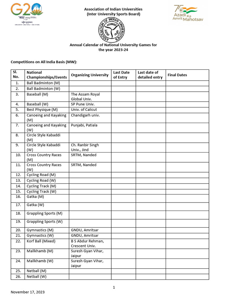 Sports Calendar 2023-24 | PDF | Games Of Physical Skill | Entertainment