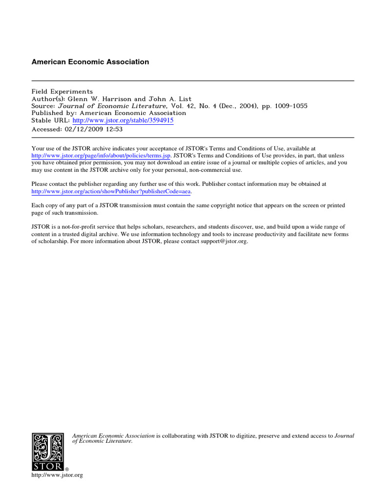 (Harrison List, JEL 2004) Field Experiments | PDF | Experiment | Economics