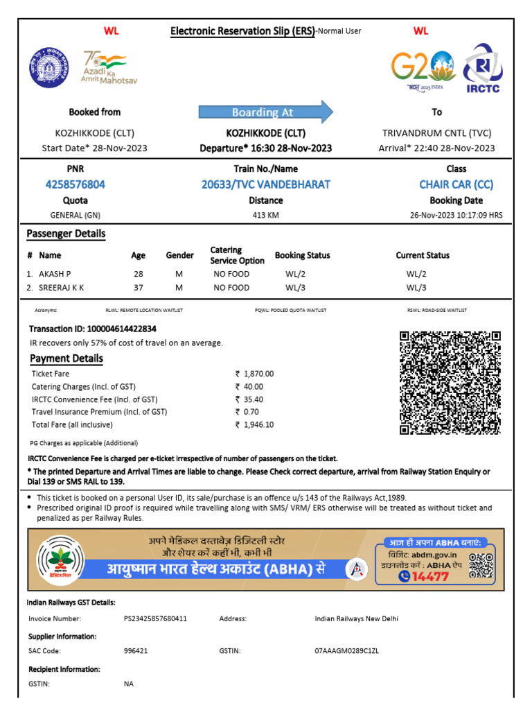 20633/Tvc Vandebharat Chair Car (CC) : WL WL | PDF | Identity Document