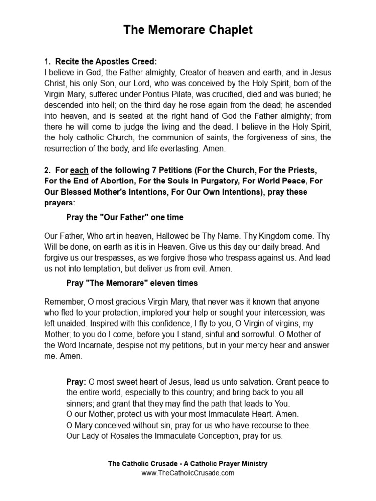 The Memorare Chaplet | PDF | Lord's Prayer | Mary, Mother Of Jesus