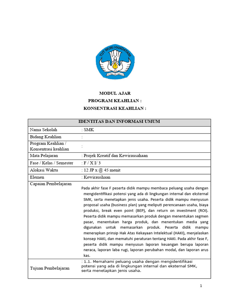 Contoh Modul Ajar PKK Xi | PDF