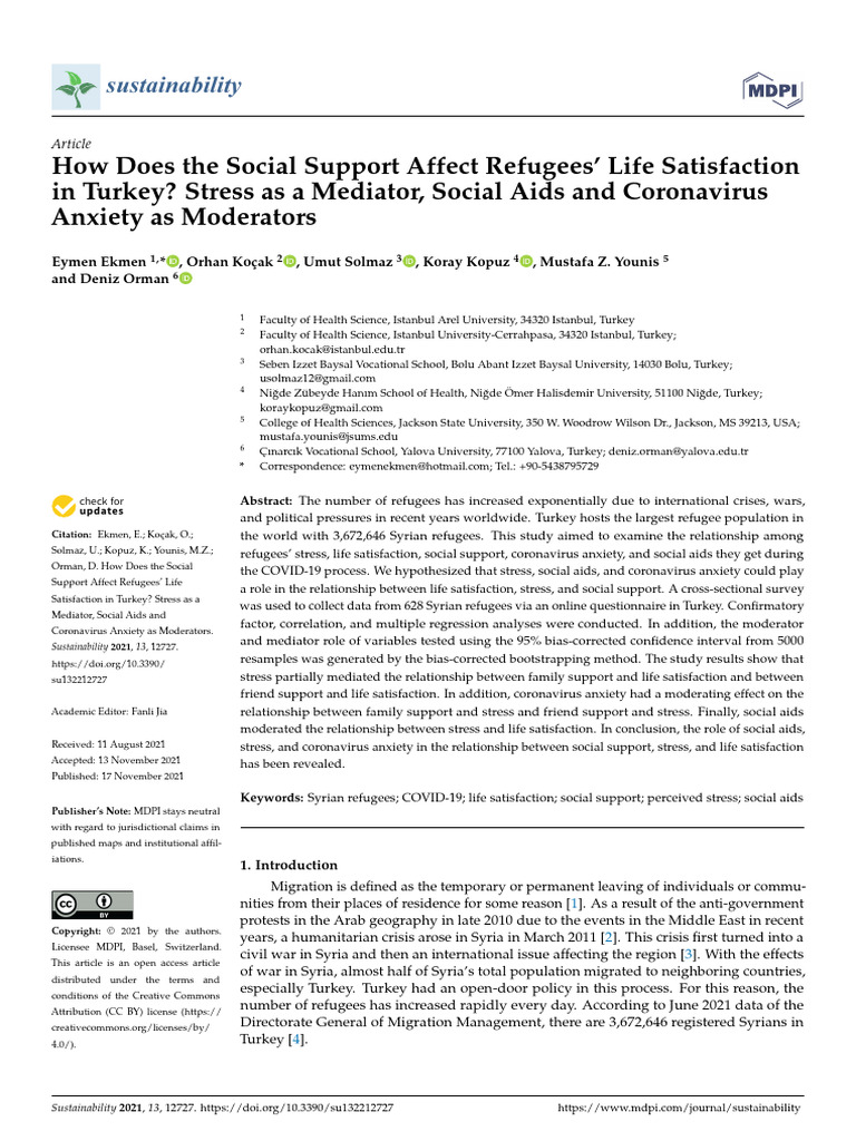 How Does The Social Support Affect Refugees Life Satisfaction in Turkey Stress As A Mediator ...