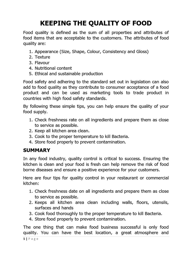 Keeping The Quality of Food | PDF | Food Safety | Restaurants