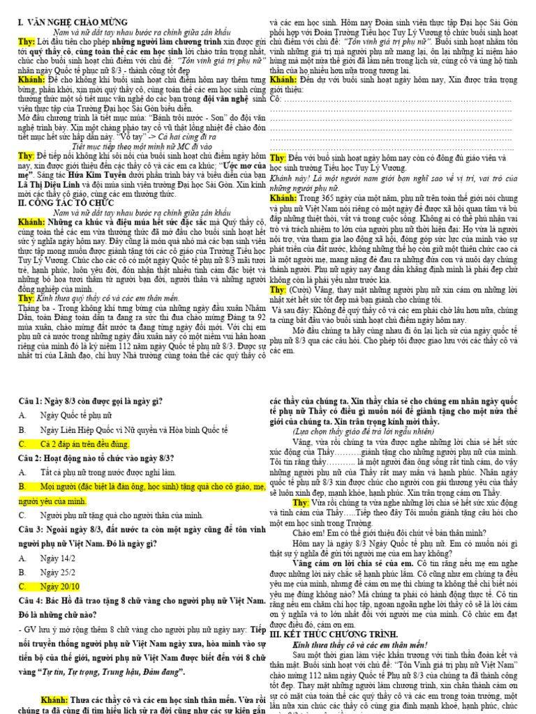 Kịch bản MC 8-3 | PDF