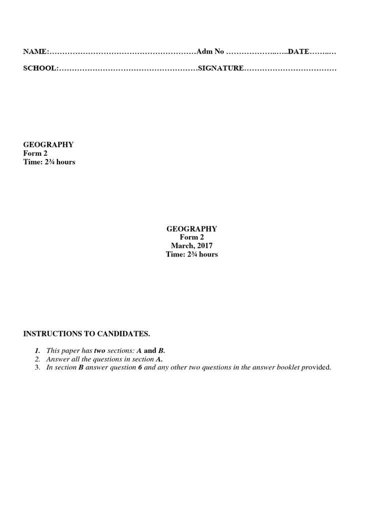 F 2 Geography Paper Form 2 Term 2 Exam 2017 | PDF | Geology | Tectonics