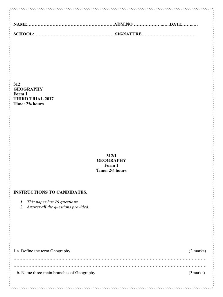 F 1 Geography Paper Form 1 Mid Term 2 Exam 2017 | PDF | Physical Geography | Solar System
