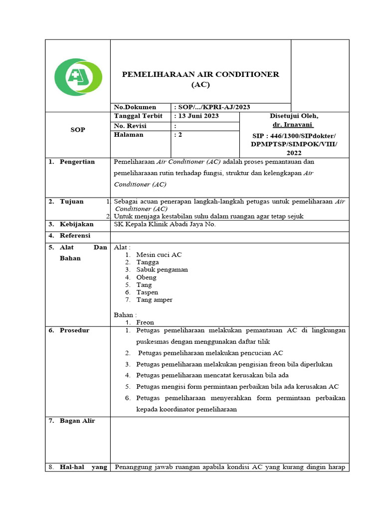 SOP Pemeliharaan Air Conditioner | PDF