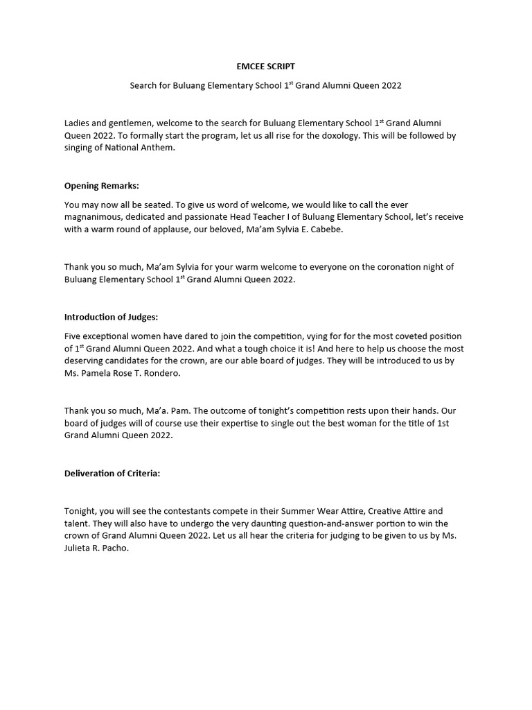 Emcee Script For Pageant | PDF