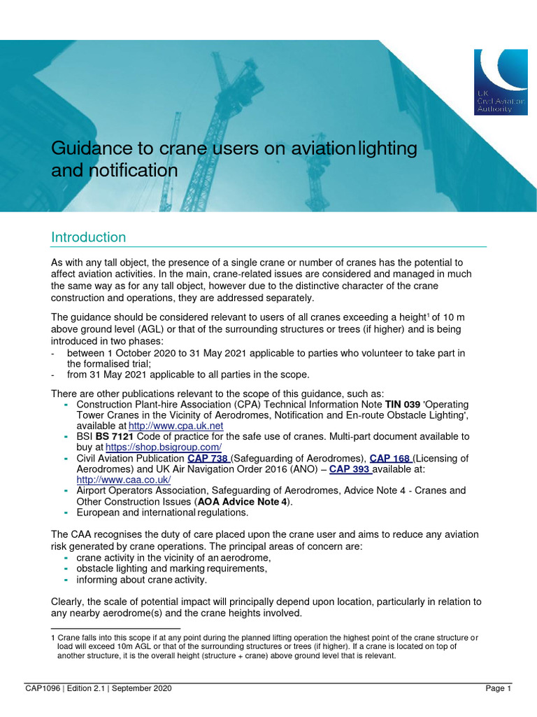CAP1096 Guidance To Crane Users On Aviation Lighting and Notification | PDF | Crane (Machine ...