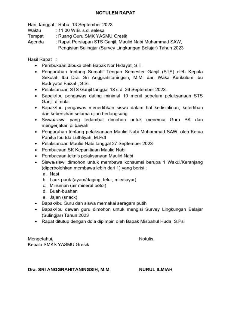 Notulen Rapat STS, Maulid Nabi, Sulingjar | PDF