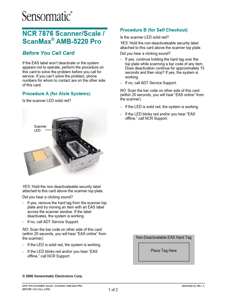 NCR 7876 Scanner/Scale / Scanmax Amb-5220 Pro: Before You Call Card ...