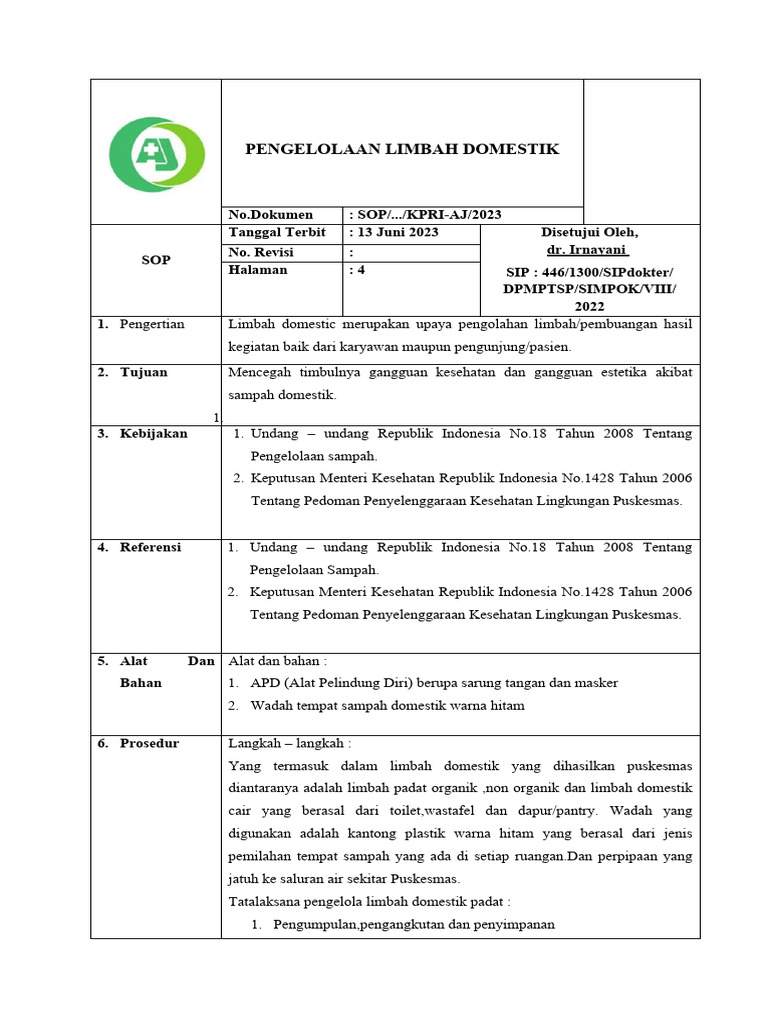 Sop Pengelolaan Sampah Domestik | PDF