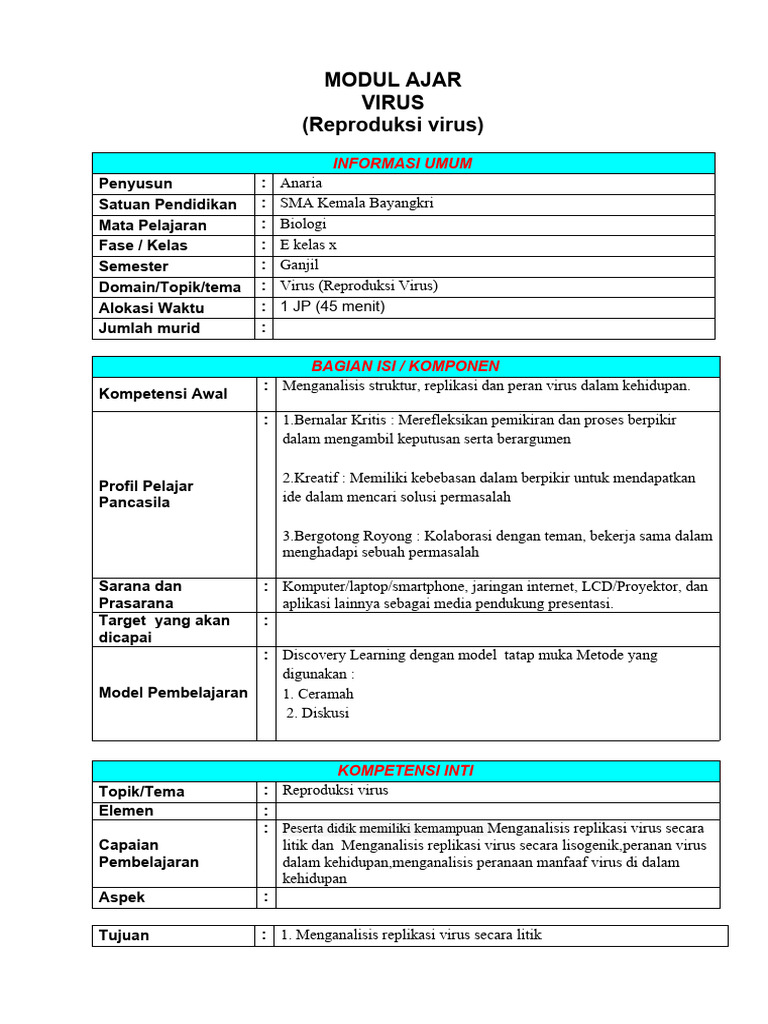 MODUL AJAR Virus Reproduksi Virus BY ANARIA Kelas X | PDF