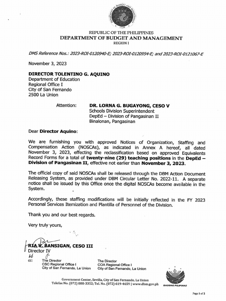 Deped Div of Pangasinan II Approved Nosca 2023 Roi 0120940 Elementary 29 | PDF | Government ...