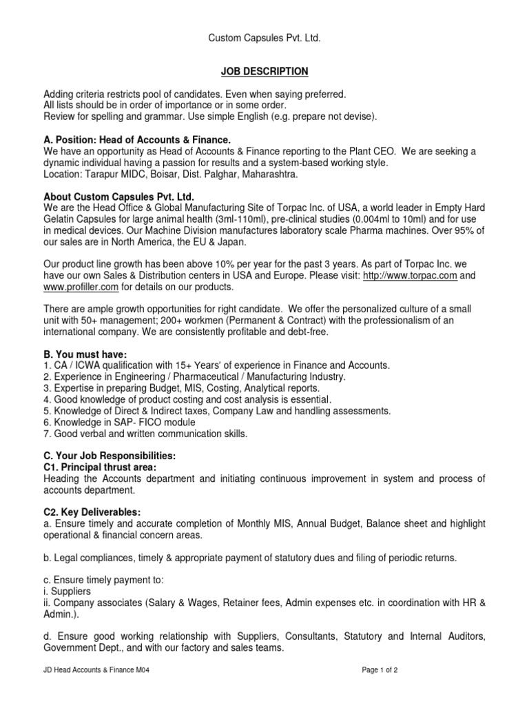 Head of Accounts & Finance Job Opening | PDF | Business Economics ...