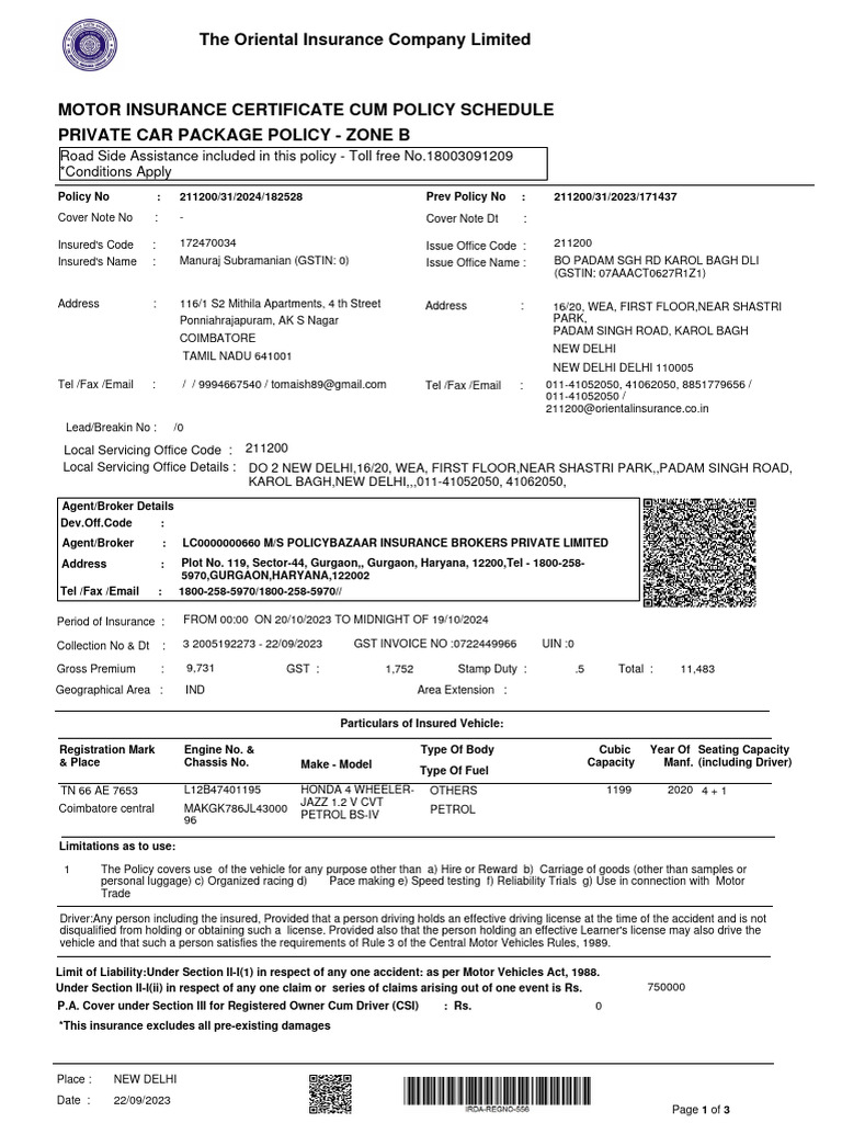 The Oriental Insurance Company Limited | PDF | Insurance | Deductible
