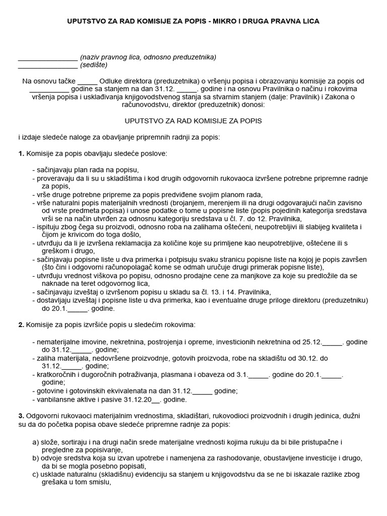 Uputstvo Za Rad Komisije Za Popis | PDF