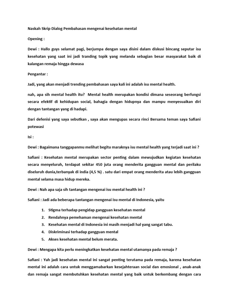 Naskah Skrip Dialog Pembahasan Mengenai Kesehatan Mental | PDF