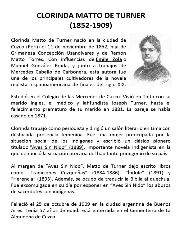 Biografía de Clorinda Matto de Turner | PDF | Clásicos | Ficción general