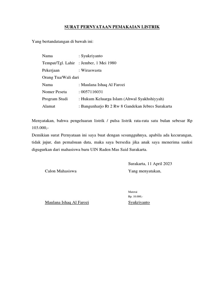 Surat Pernyataan Pemakaian Listrik | PDF