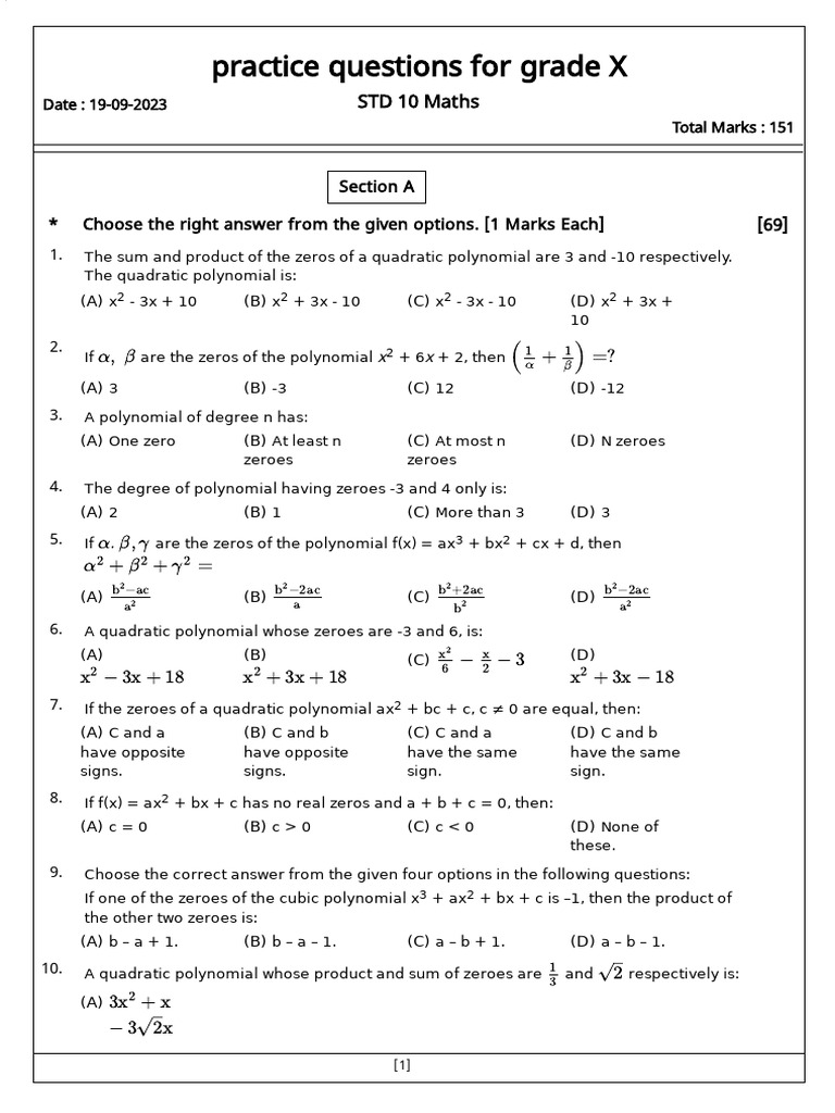 Class X MCQ and Ar 2023-24 - Polynomials | PDF | Algebra | Applied Mathematics