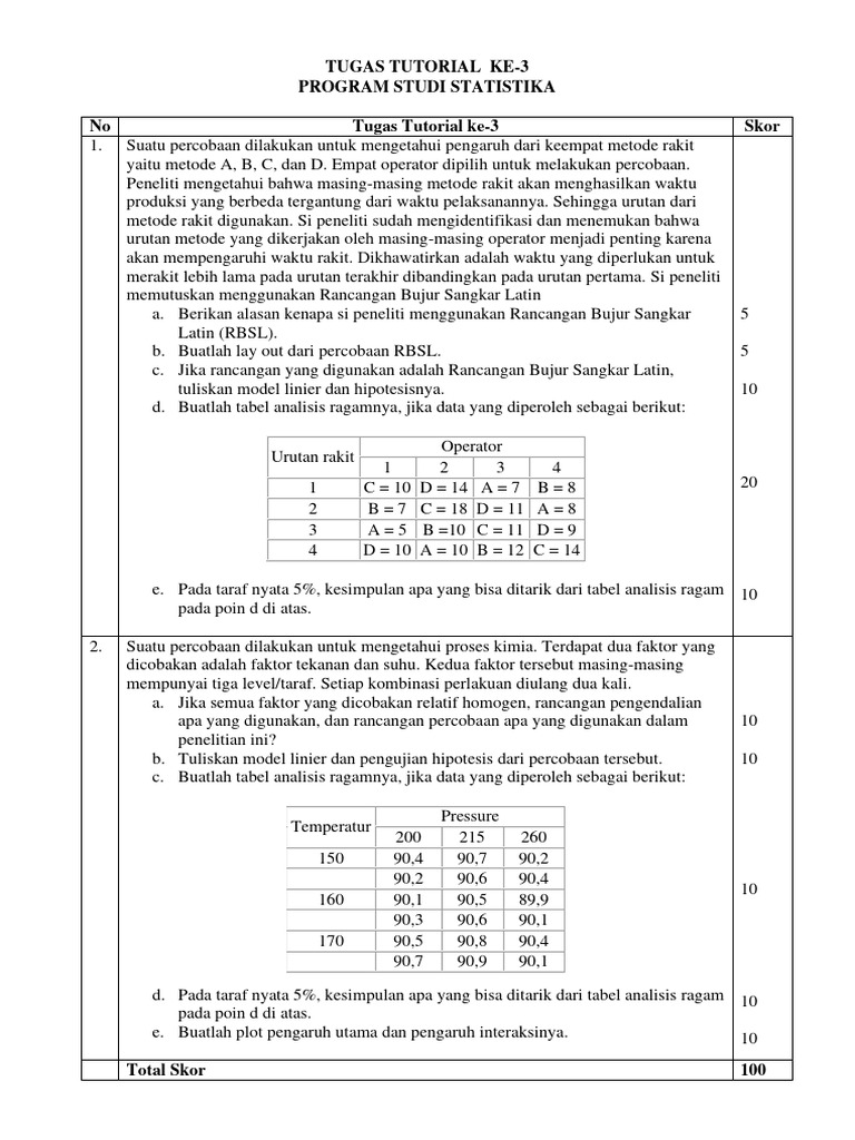 Tugas Tuton 3 Rancangan Percobaan (SATS4222) - 20232 | PDF