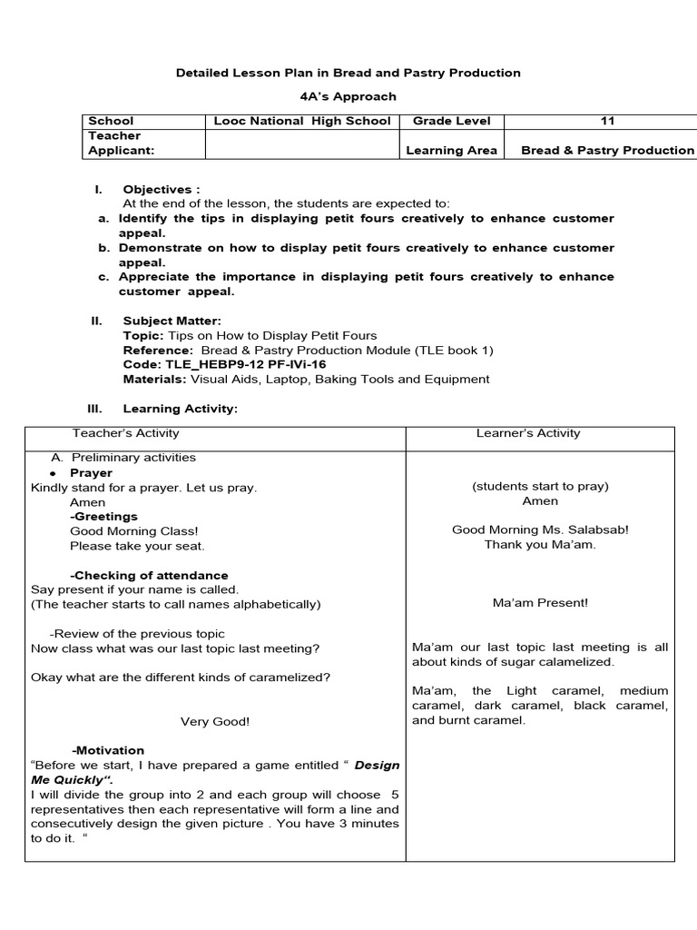 Grade 11 Lesson Plan: Petit Fours Display | PDF | Learning | Lesson Plan