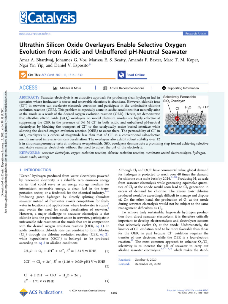 2020 Bhardwaj ACS Catal (Selective OER in Saline Solns W SiOx-Pt) | PDF | Chlorine | Ph