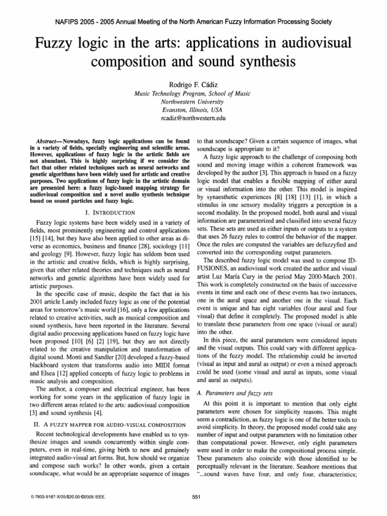 Fuzzy Logic In The Arts Applications In Audiovisual Composition And Sound Synthesis Pdf 